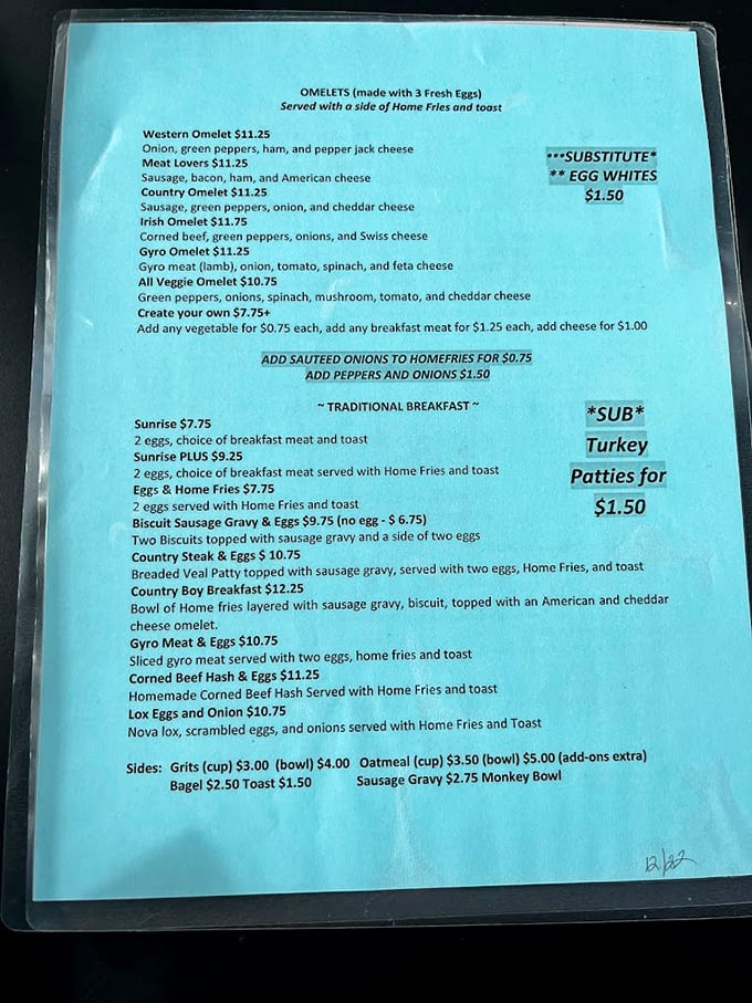 This menu isn't just a list of food—it's a roadmap to happiness. The "Create Your Own Omelet" section is basically an invitation to become an egg architect.