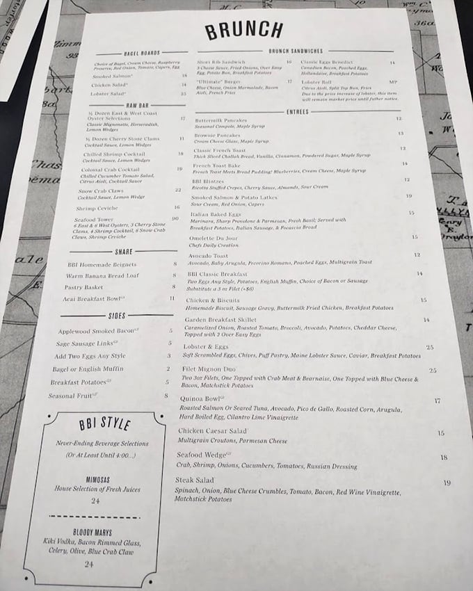 The brunch menu reads like a love letter to morning indulgence. Notice how they don't just serve eggs—they elevate them with Maine lobster sauce.