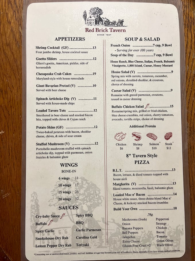 This isn't just a menu—it's a historical document. French onion soup "serving for over 100 years" isn't marketing; it's a culinary time capsule.