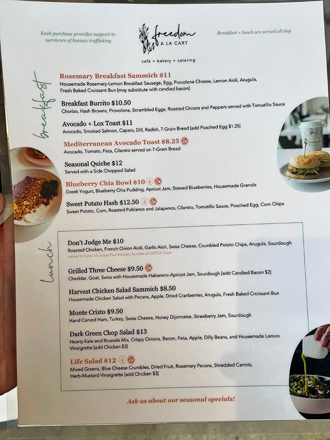 A menu that tells a story with each dish – notice how even the sandwich names carry purpose, like the aptly titled "Don't Judge Me."