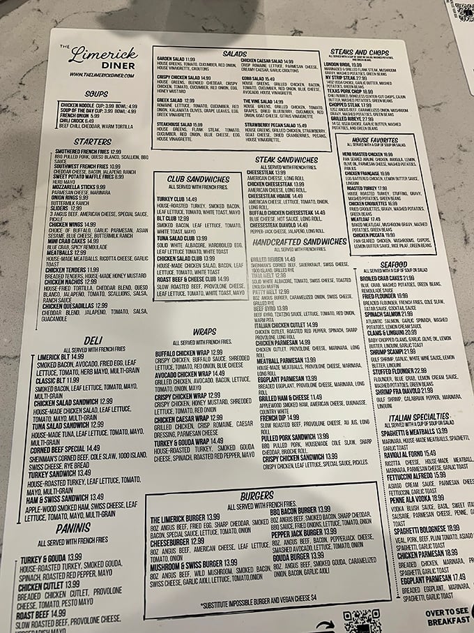 A menu so extensive it could double as light reading material. The true mark of a great diner—endless possibilities from sunrise to sunset.