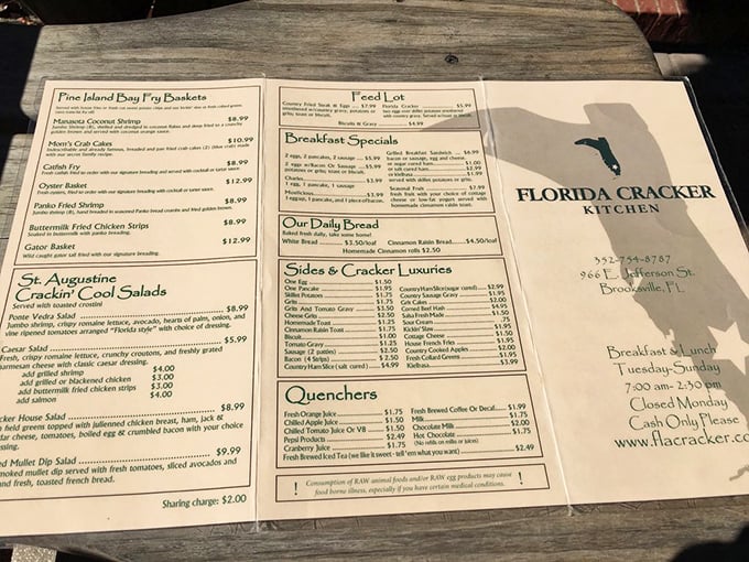 This menu isn't just a list of dishes—it's a culinary roadmap to Florida's agricultural heritage, from Pine Island Frog Legs to Cracker Benedict.