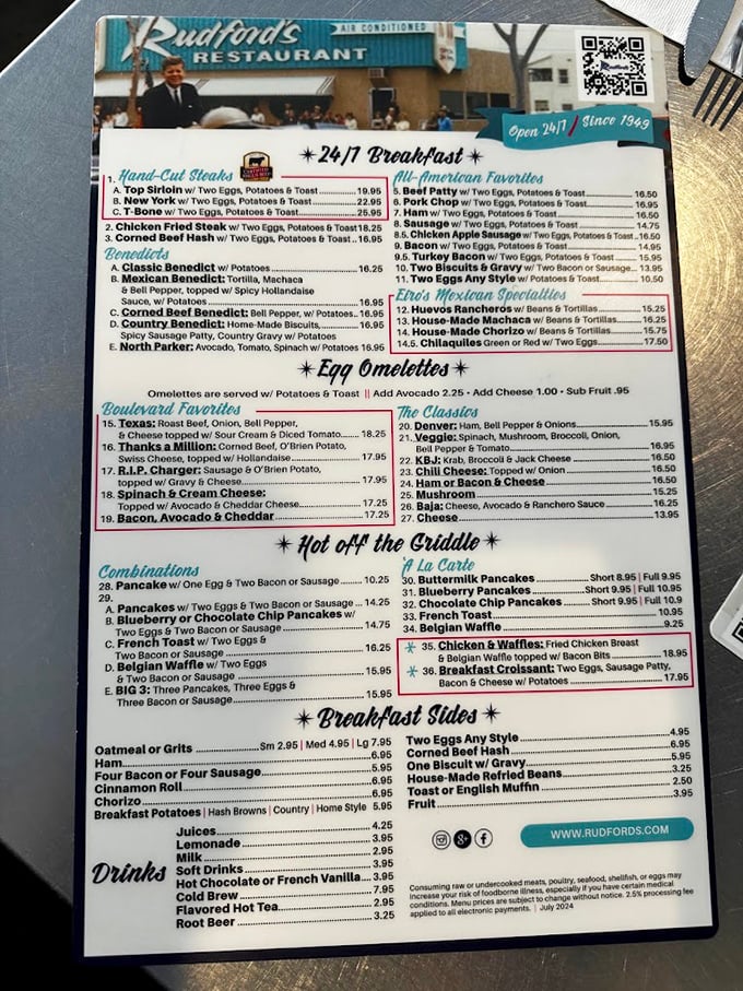 This menu isn't just a list of food—it's a historical document chronicling America's love affair with breakfast served any time of day.