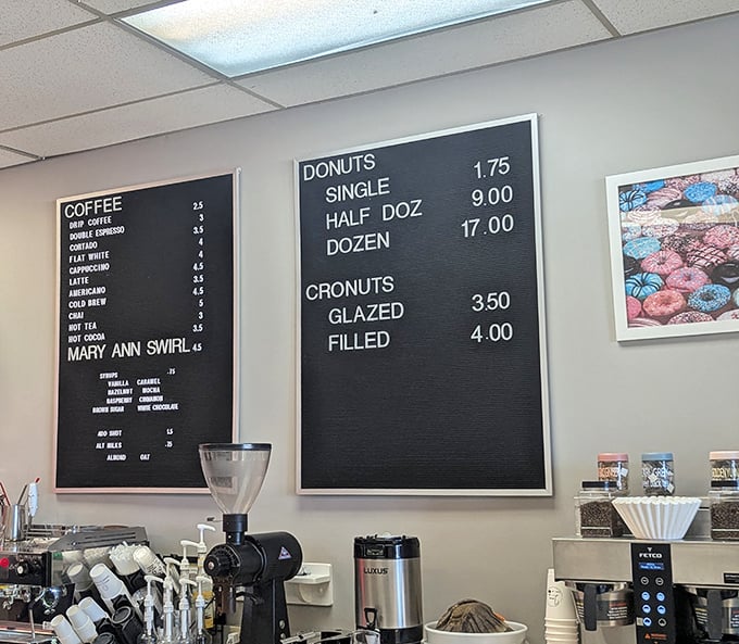 Old-school menu boards that tell you everything you need to know. No QR codes, no pretension—just the honest arithmetic of happiness.