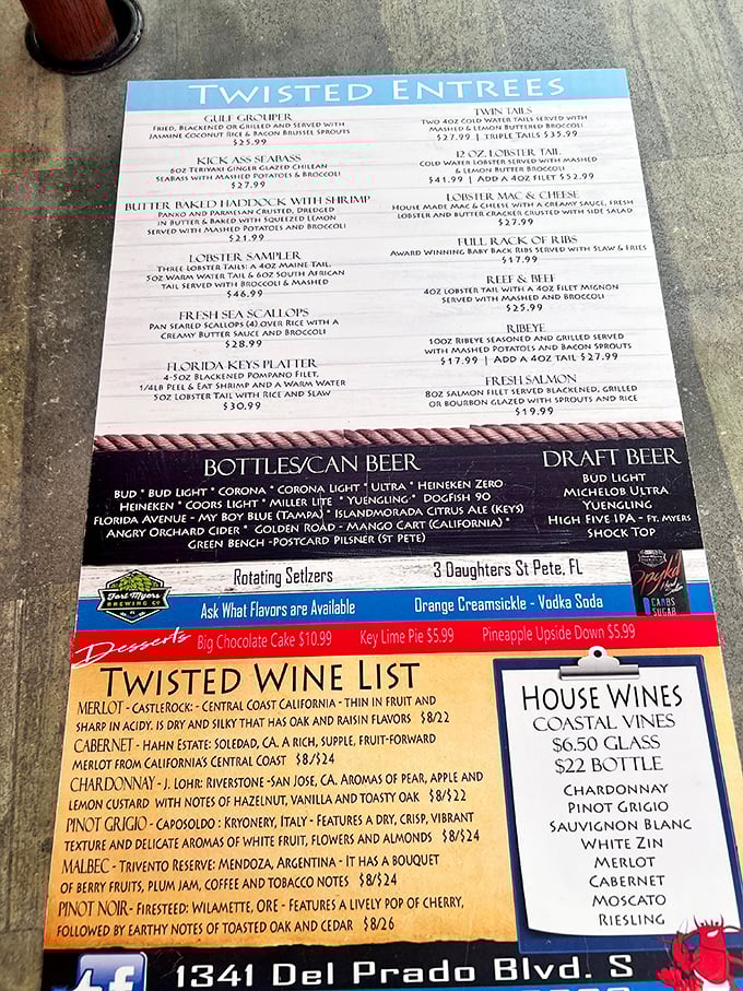 A menu that reads like seafood poetry—notice the "Kick Ass Seafood" section isn't being modest about its offerings.