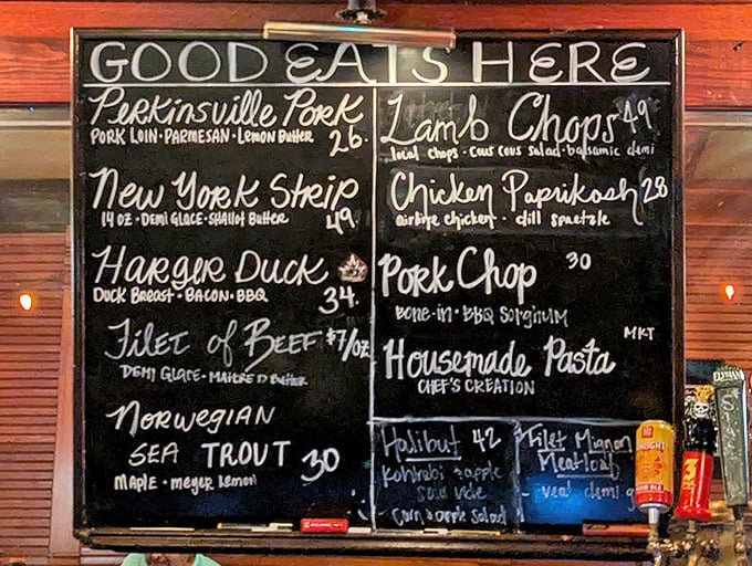 The chalkboard menu at Bonge's doesn't need fancy fonts or QR codes—just the promise of "GOOD EATS HERE" and dishes worth driving hours to experience.