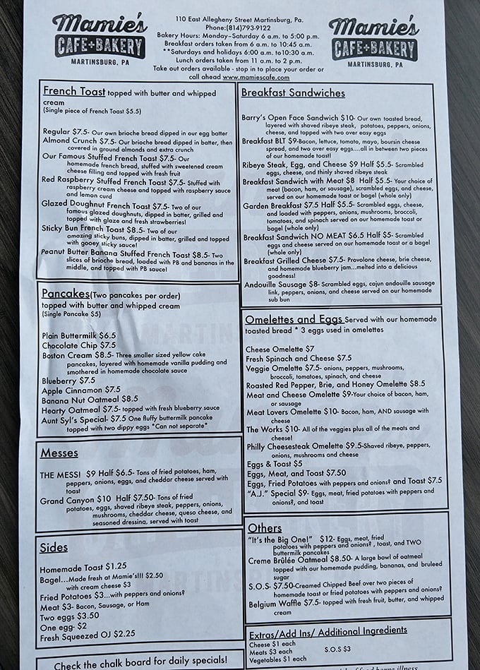 This menu isn't just a list of options—it's a roadmap to happiness. The "Messes" section alone deserves its own zip code.