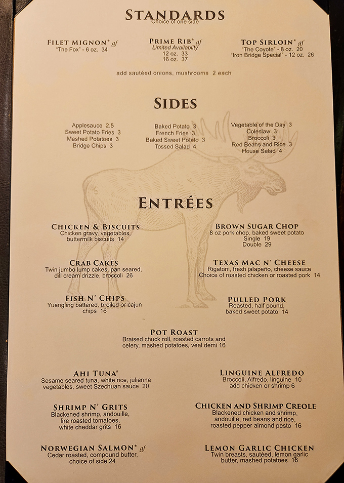 The menu reads like a love letter to comfort food classics, with prime rib taking center stage—as it should.