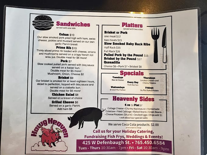 A menu that cuts straight to the chase—no fancy descriptions needed when your brisket spends eighteen hours becoming something worth crossing county lines for.