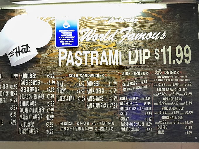 The menu board - a roadmap to paradise. Notice how "World Famous PASTRAMI DIP" commands center stage, like Pavarotti in an opera.