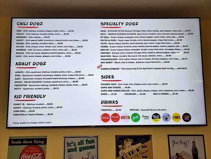 The menu reads like a love letter to creative hot dog preparation and adventurous eating.