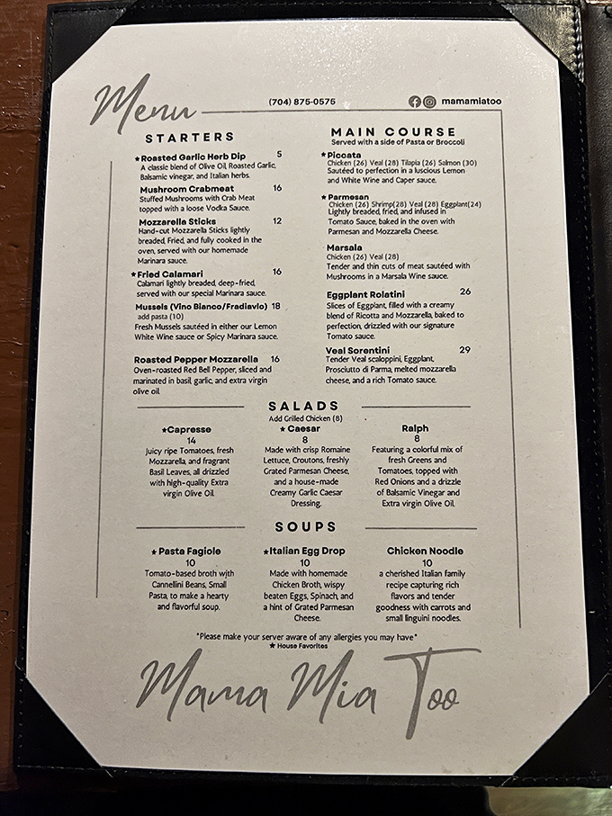 The menu reads like a love letter to authentic Italian cuisine, written by someone who truly understands the language.