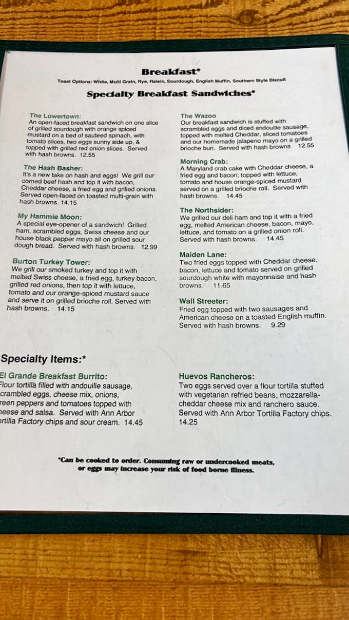 A menu that reads like poetry to breakfast lovers—notice how "The Hash Basher" practically jumps off the page begging to be ordered.