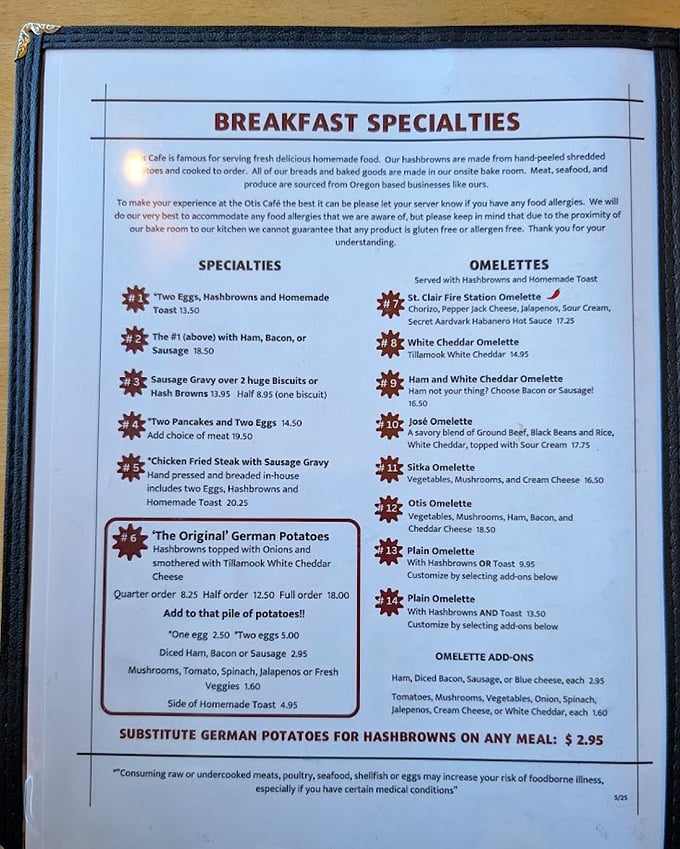 This isn't just a menu—it's a roadmap to breakfast bliss featuring those legendary German potatoes.