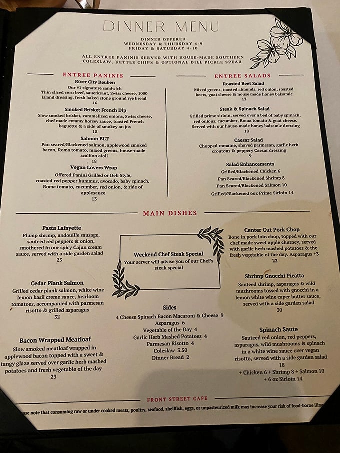 This isn't just a menu—it's a roadmap to happiness. From "The Steak" sandwich to Cedar Plank Salmon, each description reads like a love letter to your taste buds.