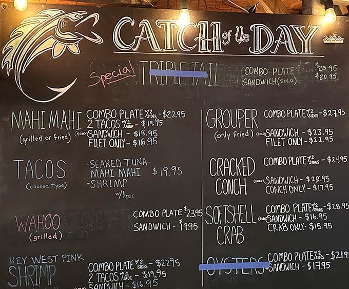 The chalkboard menu—where decisions get difficult and hunger gets serious. Simple chalk, complex flavors, pure Key West.