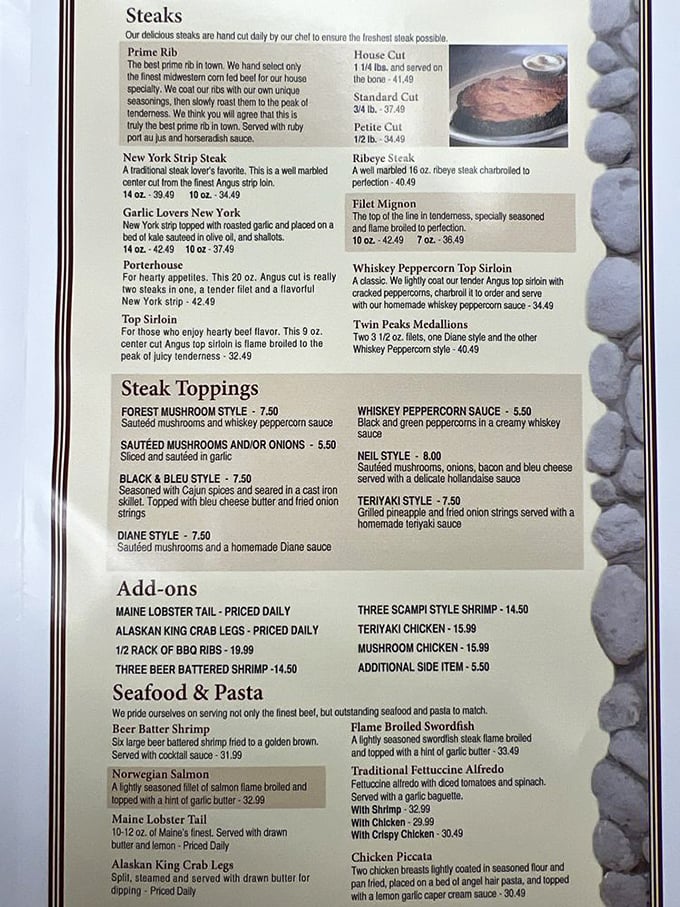 A menu that doesn't need fancy fonts or pretentious descriptions—just straightforward promises of beef perfection that make your mouth water before ordering.