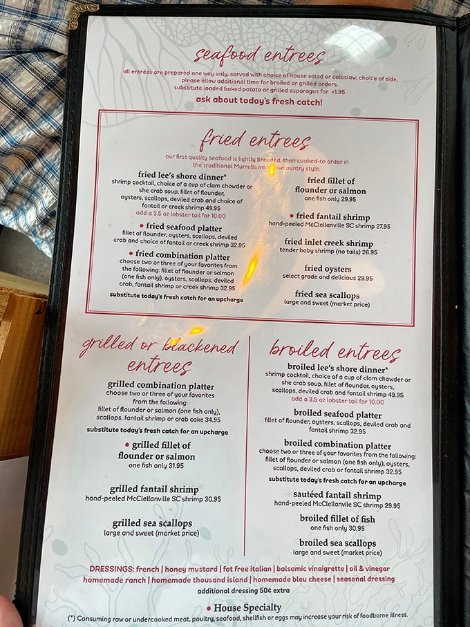 This menu isn't just a list of options – it's a roadmap to seafood nirvana with "Lee's Shore Dinner" leading the expedition.