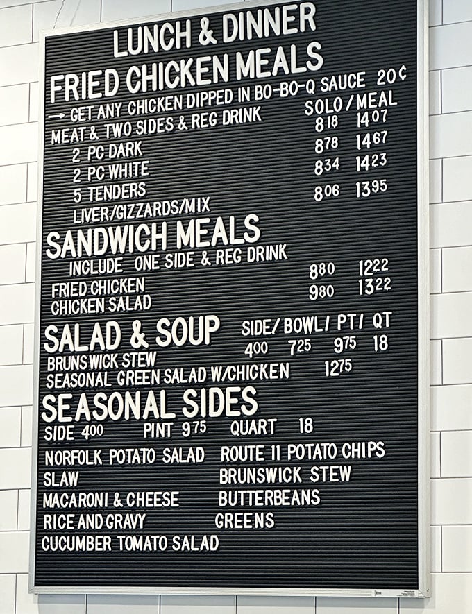 The menu board at BoBo's speaks a universal language: fried chicken, hearty sides, and no pretension. Food philosophers call this "the theory of everything delicious."