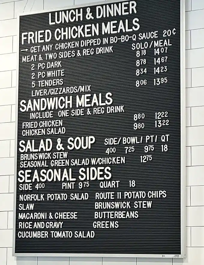 The menu board at BoBo's speaks a universal language: fried chicken, hearty sides, and no pretension. Food philosophers call this "the theory of everything delicious."