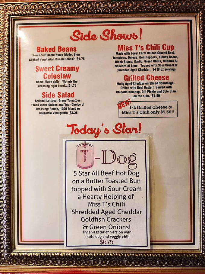The menu reads like a love letter to comfort food. Miss T's Chili and Goldfish crackers on a hot dog? That's either madness or genius—spoiler alert: it's genius.
