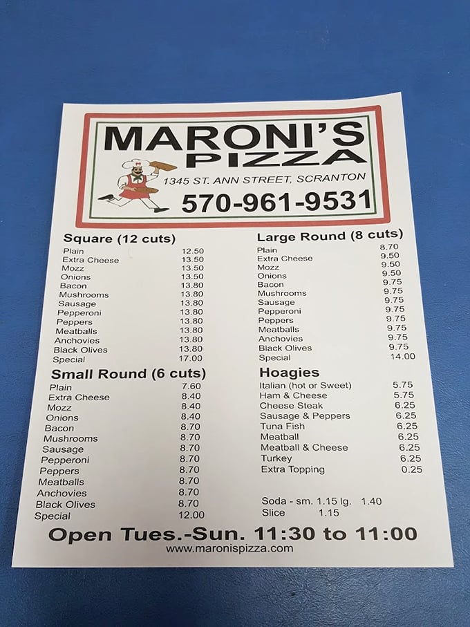 The menu at Maroni's reads like a love letter to simplicity—square cuts, round pies, and hoagies that haven't changed prices with every passing food trend.