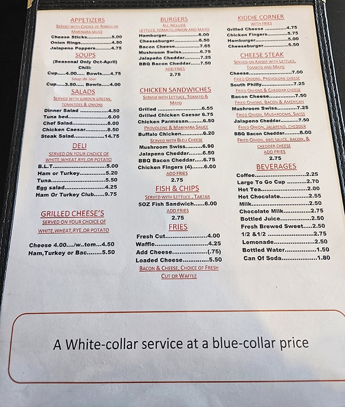 A menu that doesn't need fancy fonts or pretentious descriptions—just honest food at prices that won't make your wallet weep.