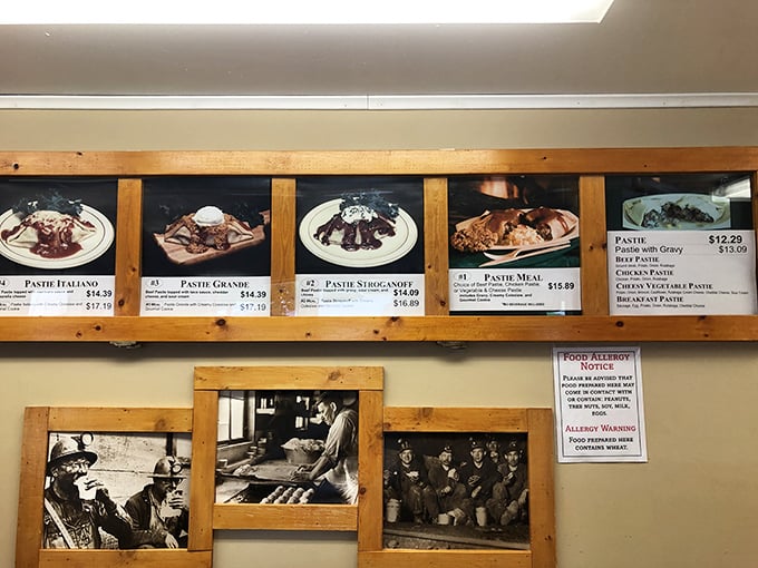 The menu board displays pasty perfection alongside sweet temptations – decisions, decisions in the most delicious way possible.