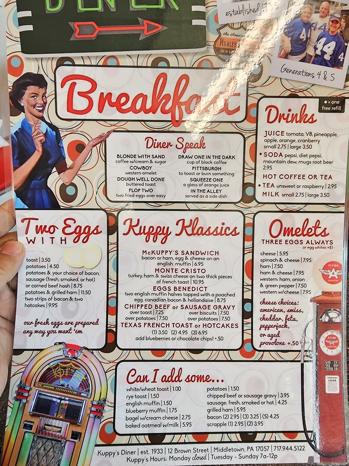 This menu isn't just a list of food—it's a cultural artifact with "diner speak" that translates "blonde with sand" into coffee with cream and sugar for the uninitiated.