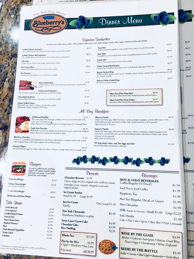 The menu that launched a thousand cravings. Notice how the blueberry illustrations aren't just decoration—they're a solemn promise of deliciousness to come.