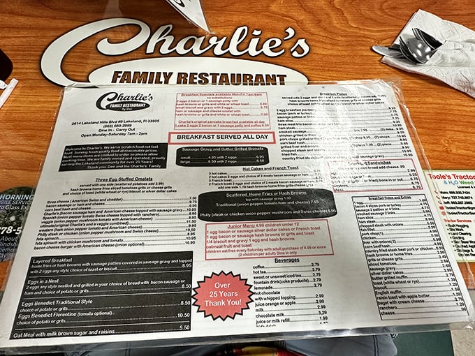 The menu tells you everything you need to know—this place has been perfecting breakfast for over 25 years. Decisions, decisions!