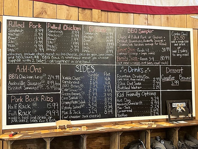 A chalkboard menu that changes with the pitmaster's whims—the BBQ equivalent of a stock market ticker where every option is a winning investment.