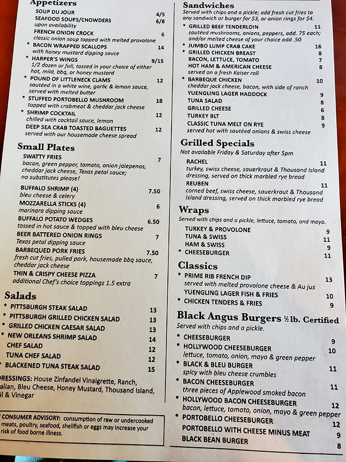 This menu isn't just a list of food—it's a roadmap to happiness. The Prime Rib French Dip is calling your name from the "Classics" section.