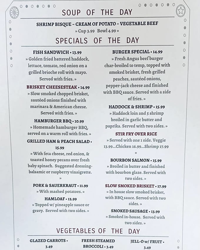 This menu isn't playing games—when shrimp bisque gets top billing alongside Pennsylvania classics like pork and sauerkraut, you know you're in good hands.