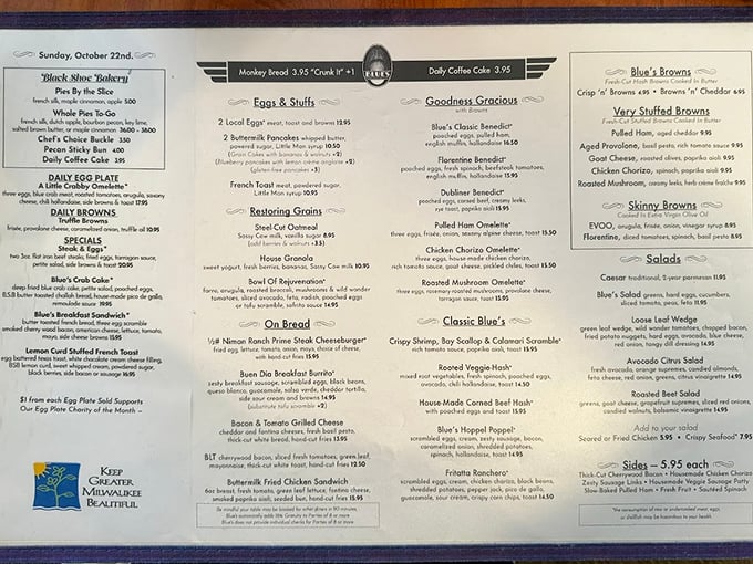 This menu isn't just a list of food—it's a roadmap to breakfast nirvana. The "Very Stuffed Browns" section alone deserves its own ZIP code.
