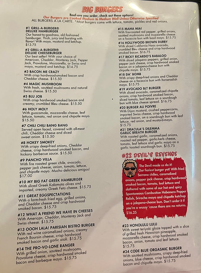 The menu reads like a burger lover's fantasy novel—each creation more tantalizing than the last. Decision paralysis has never been so delicious.