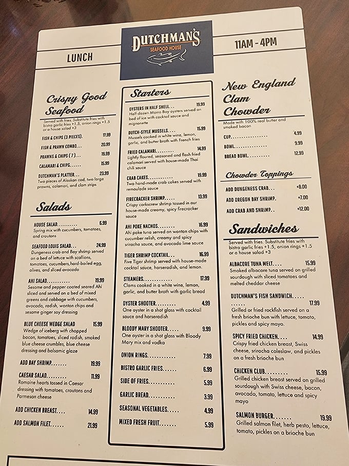 This menu isn't just a list of dishes—it's a maritime treasure map where X marks the spot for seafood bliss.