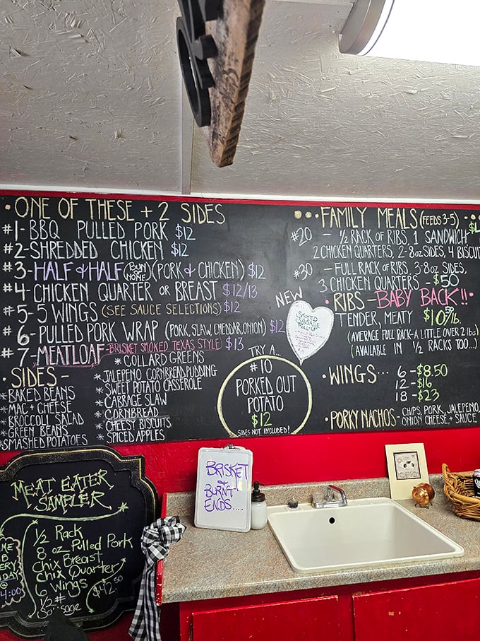 This isn't just a menu; it's a roadmap to happiness. The "Porked Out Potato" and "Meat Eater Sampler" aren't suggestions—they're life decisions.