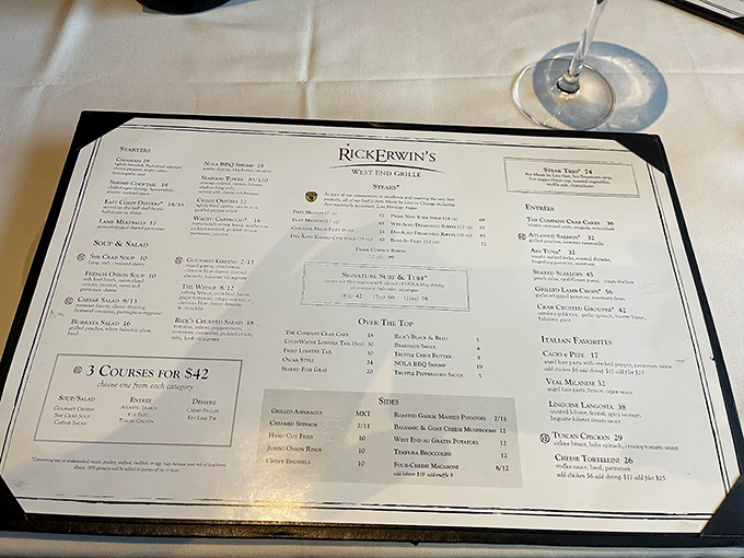 A menu that doesn't need gimmicks—just the promise of prime cuts, fresh seafood, and sides that refuse to be overshadowed by the main event.