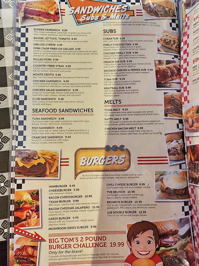 This menu isn't just a list of options—it's a roadmap to happiness with the pulled pork sandwich as your delicious destination.