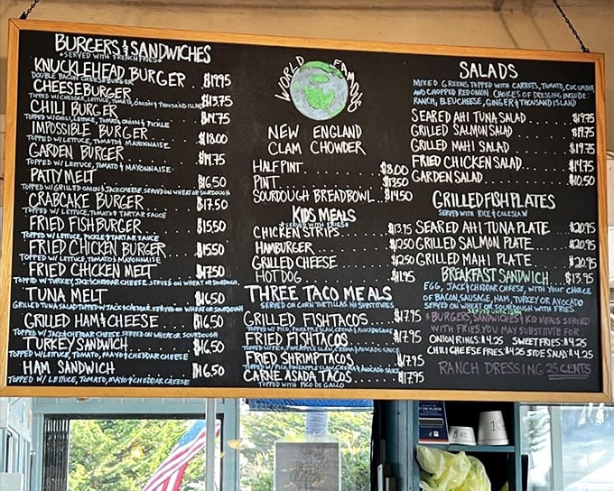 Handwritten menus tell honest stories – burgers, tacos, fresh seafood prepared without apology or unnecessary complications here.