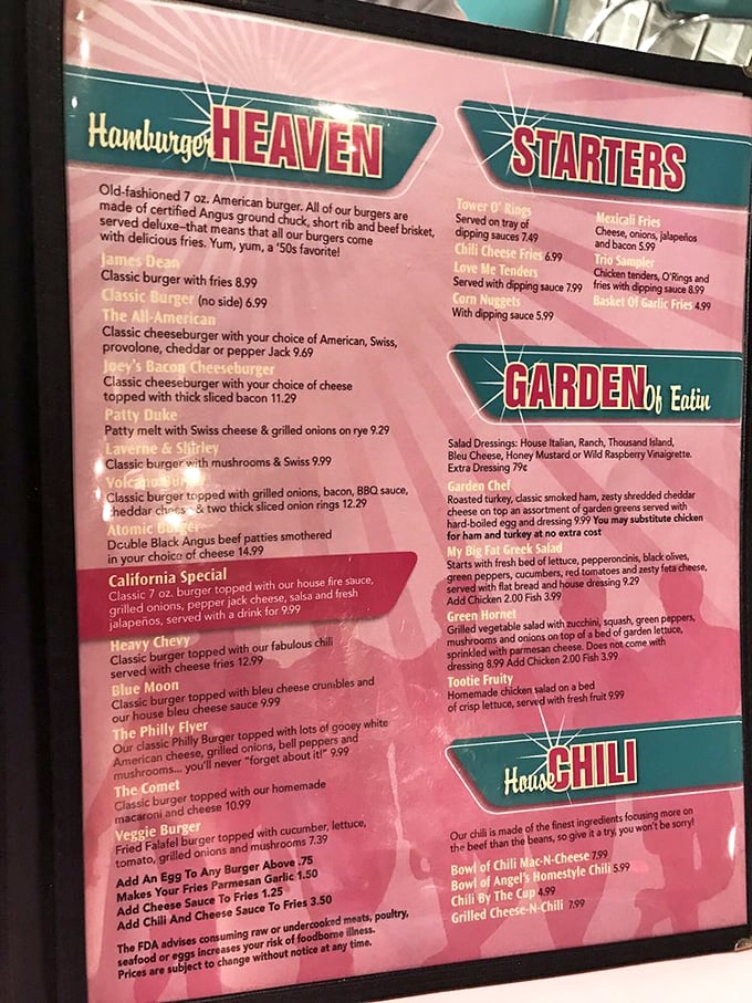 "Hamburger Heaven" isn't just clever marketing—it's a promise delivered with every juicy bite. The menu's retro design matches its classic offerings.