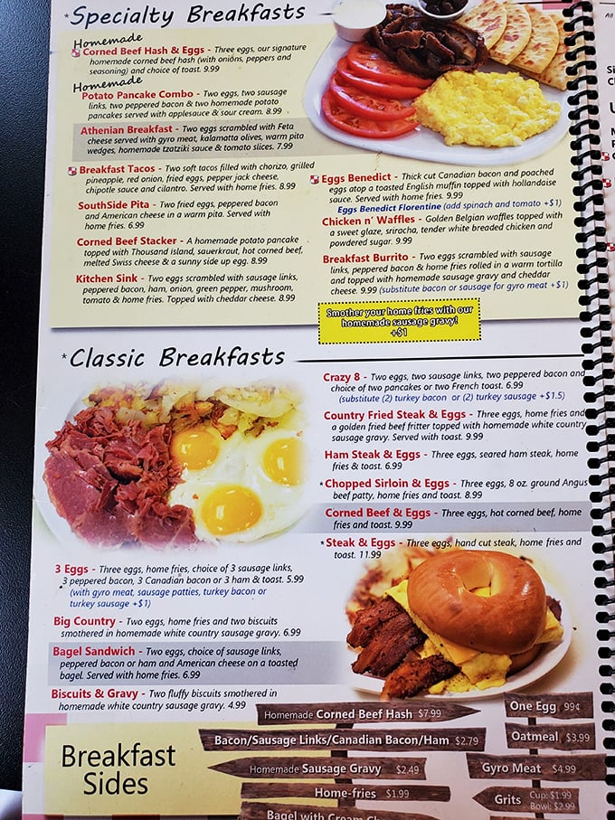This menu isn't just offering breakfast—it's presenting a manifesto of morning possibilities, each one more gloriously indulgent than the last.