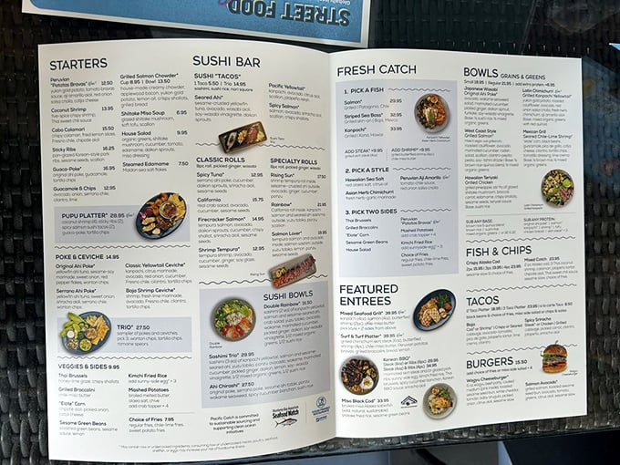 A menu that reads like a love letter to the ocean. Choosing just one dish might be the hardest decision you'll make all day—besides finding parking.