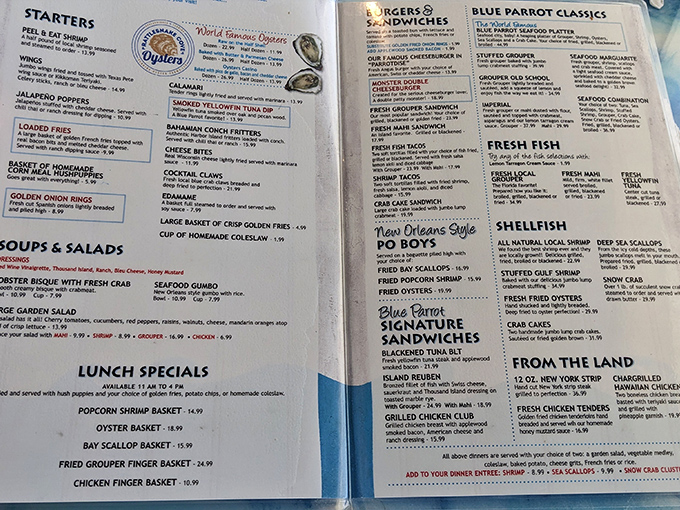 The menu reads like a love letter to Gulf seafood – promising everything from peel-and-eat shrimp to the legendary grouper sandwich that locals whisper about.