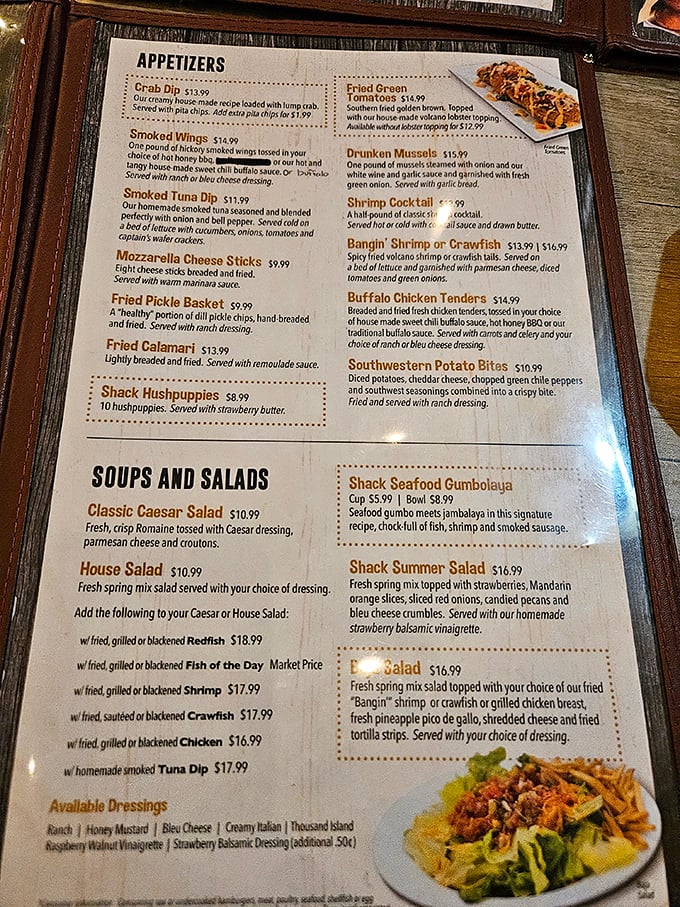 A menu that doesn't need fancy fonts to impress—just honest-to-goodness Gulf Coast classics. The Shack Seafood Gumbolaya alone is worth the drive.