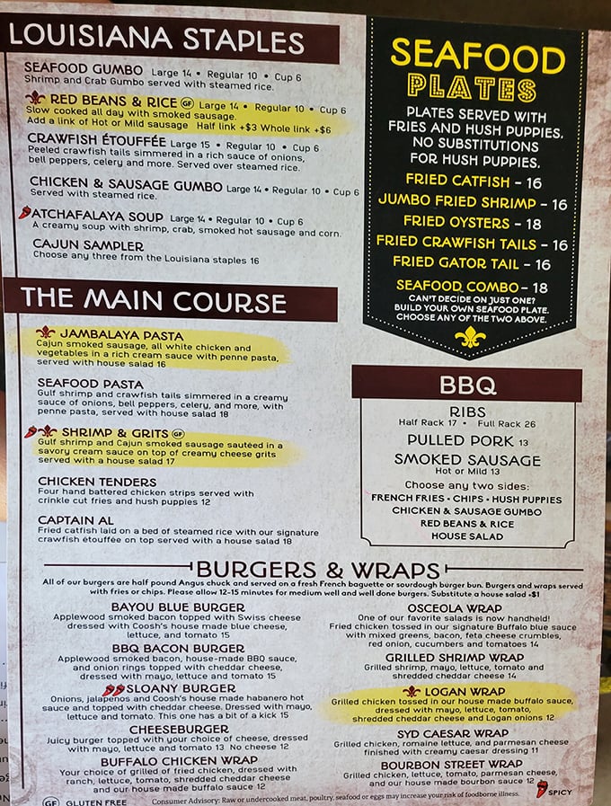 This menu isn't just a list of dishes; it's a roadmap to flavor country where jambalaya pasta reigns supreme and seafood dreams come true.