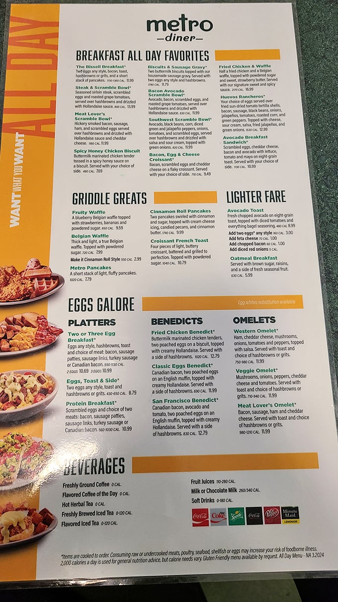 This menu isn't just a list of food—it's a roadmap to happiness. The "Breakfast All Day" section alone could solve most of life's problems.