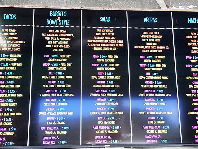 The colorful menu board – a treasure map where X marks the spot for your next favorite meal. Choose wisely, friends.