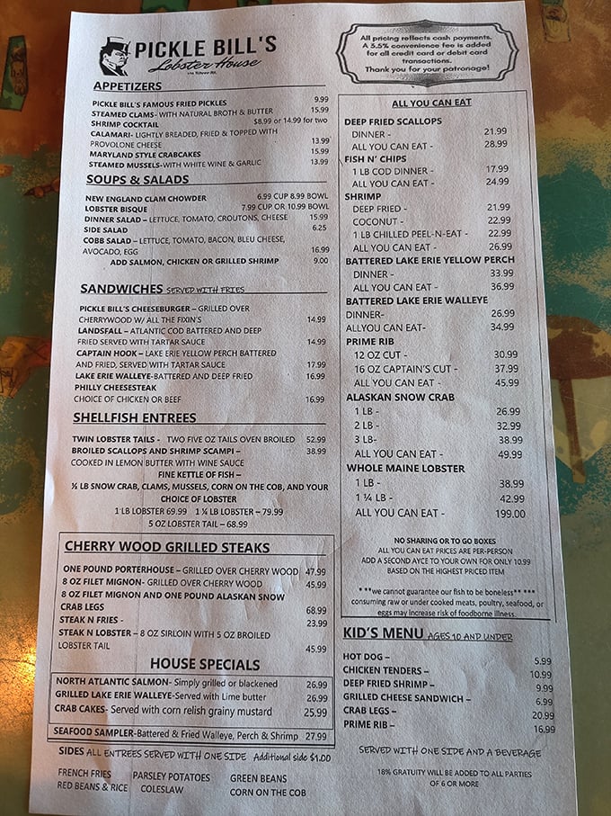 The menu reads like a love letter to seafood lovers – from famous fried pickles to all-you-can-eat Maine lobster that will test both your appetite and wallet.